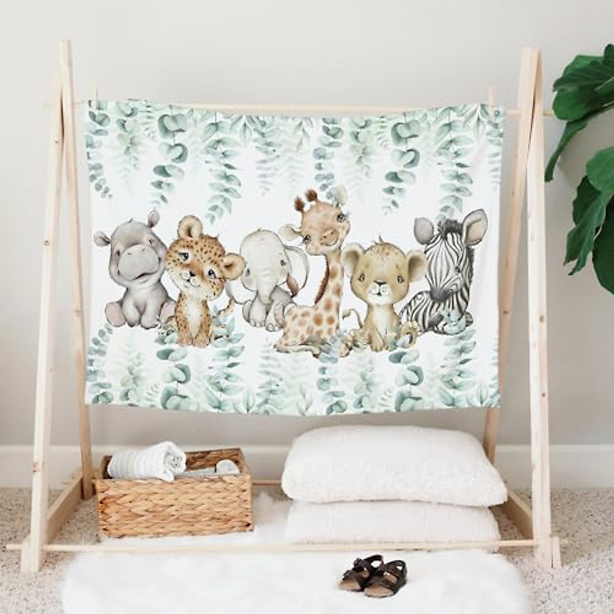 HawSkgFub Safari Jungle African Animal Eucalyptus Leaf Baby Blanket Boys Gift, Elephant Giraffe Lion Flannel Fleece Nursery Bed Blankets, Soft Lightweight Newborn Infant Toddler Crib Bedding 30 x 40