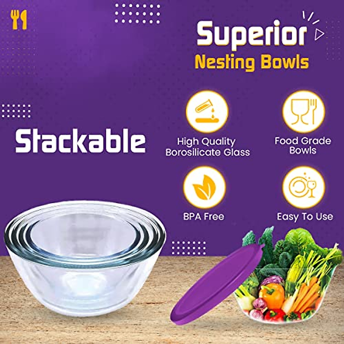 TIBLEN [4-Pack] Glass Mixing Bowl Set, Stackable Nesting Bowls, Food Storage and Meal Prep Containers with Lids, Kitchen, Home, Safe for Microwave, Freezer, BPA Free