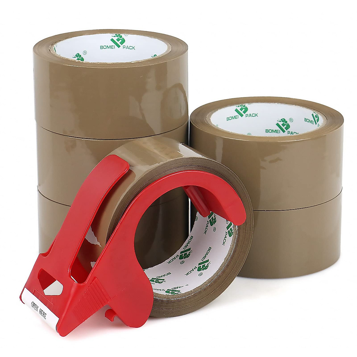 BOMEI PACK Brown Packing Tape with Dispenser, 2.4 Mil 1.88 Inch x 60 Yards, 6 Refills Rolls Packaging Tape for Moving, Shipping and Storage