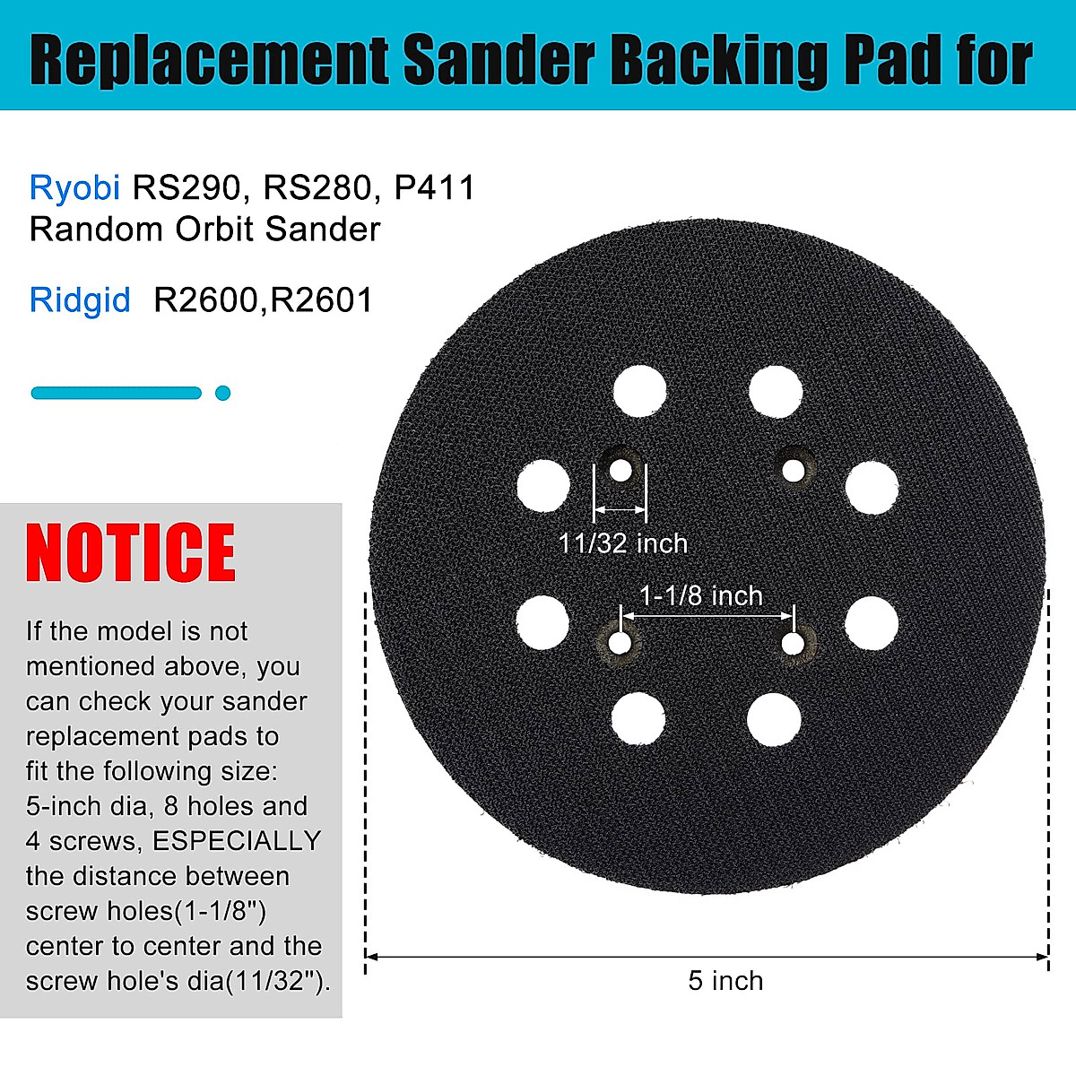 2 Pieces 5 Inch 8 Hole Hook and Loop Orbital Sander Replacement Pad Backing Pad (Black,)