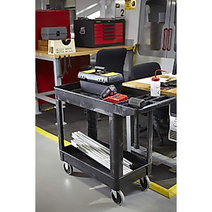 Rubbermaid Commercial Products 2-Shelf Utility/Service Cart, Small, Lipped Shelves, Storage Handle, 500 lbs. Capacity, for Warehouse/Garage/Cleaning/Manufacturing (FG450089BLA)