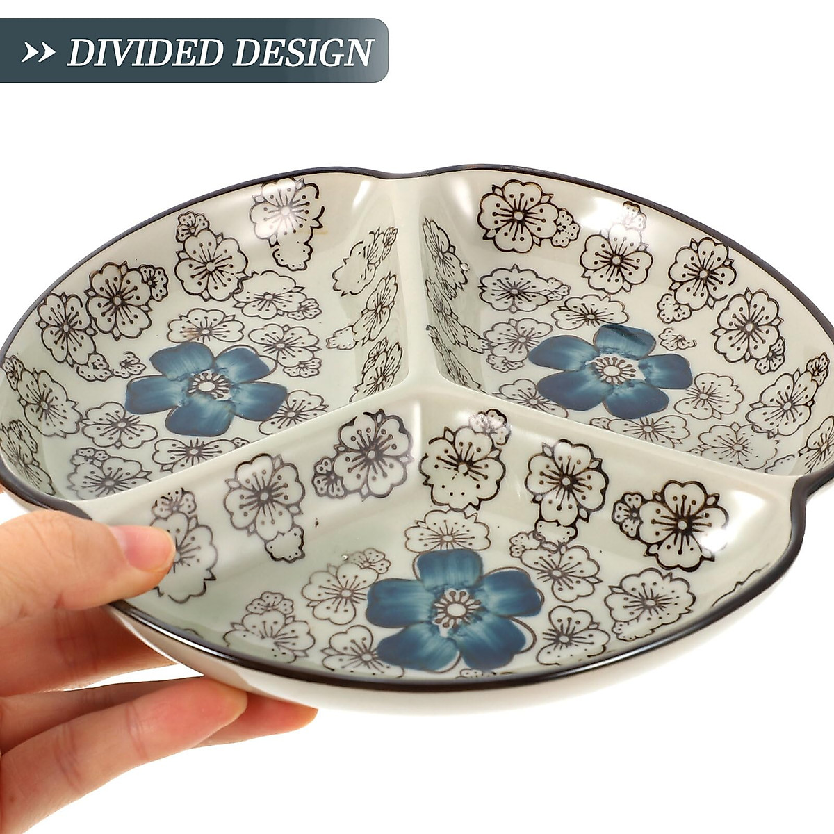 Kichvoe Ceramic Divider Dishes Compartment Food Plate Japanese Divided Serving Platter 3 Section Snack Tray Dried Fruit Storage Plate-7inch