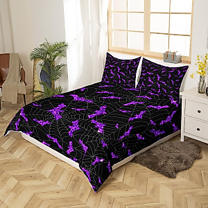 Purple Glitter Bat Duvet Cover Set Full Size Spider Web Bedding Set 3Pcs Happy Halloween Theme Comforter Cover for Kids Boys Girls Teens Room Decor Fashion Gothic Black Quilt Cover,2 Pillowcases
