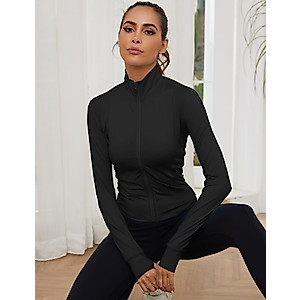 Gihuo Women's Athletic Full Zip Lightweight Workout Jacket Cropped Gym Yoga Track Jacket with Thumb Holes (Black, Large)