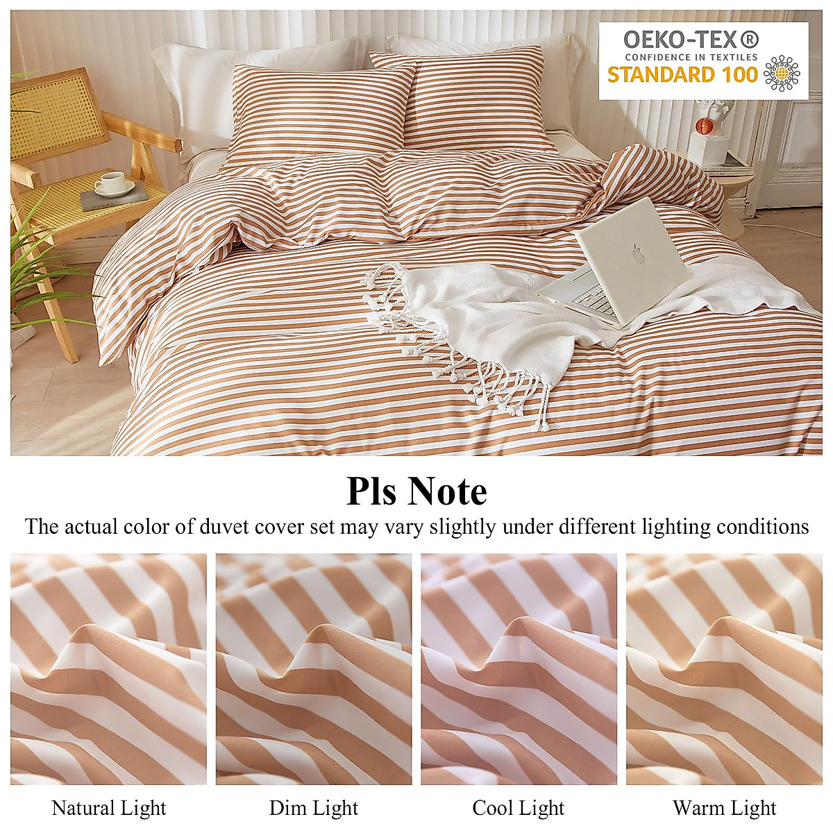 EAVD Duvet Cover Queen White and Khaki Striped Duvet Cover Soft Microfiber Modern Striped Gemetric Pattern Bedding Set with 2 Pillowcases Reversible Striped Comforter Cover with Zipper Closure