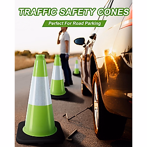 BESEA 6Pack 18" inch Traffic Cones Green Safety Cones PVC Construction Cones with 6 inch Reflective Collar for Home Driveway Road Parking Use(6 Cones)