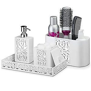 Creative Scents White Qtip Holder With Lid - Decorative Cotton Ball Jar - Durable Cotton Swab Container - Beautiful Bathroom Vanity Accessories - Elegant Bath Storage - (Mirror Janette Style)