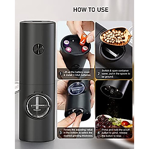 COKUNST Electric Pepper and Salt Grinder Set, Battery Powered Adjustable 5 Levels of Coarseness Black Pepper Grinder Mill with Stand, Automatic Grinding with LED Light for BBQ Resturant Kitchen