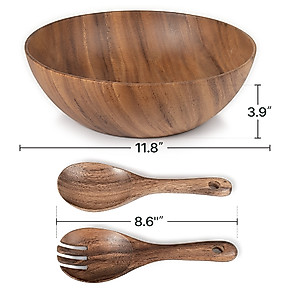 Royalling 11.8"x 3.9" Acacia Wooden Salad Bowl Set, Large wooden salad bowl, Salad Mixing Bowl, Wood Serving Bowl, 3-Piece Wood Salad Bowl Set with Salad Spoon and Fork¡­ (Acacia)