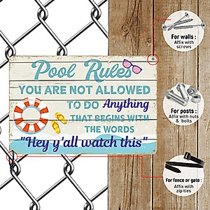 Rousen Pool Decor Sign, Pool Decorations Outdoor, Perfect for Beach, Home, Bar, Pool Deck, and Backyard Walls, Metal Sign Dimensions are 12x8 Inch, 4 Holes for Easy Hanging - Pool Rules