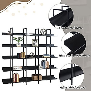 CALABASH Bookcases and Bookshelves Triple Wide 5 Tiers Industrial Bookshelf, Large Tall Bookcase Open Display Shelves with Metal Frame for Living Room Bedroom Library Home Office(Black)