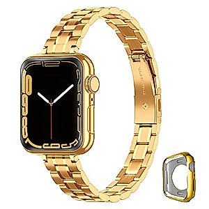 CSJCUBIC Metal band Compatible with Apple Watch Band 38mm 40mm 41mm 42mm 44mm 45mm for women, Slim and Thin Stainless Steel Replacement Adjustable Wristband for iWatch Series 8/7/6/5/4/3/2/1/SE (Gold, 38mm/40mm/41mm)