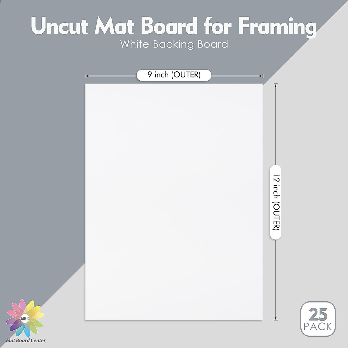 Mat Board Center, 25 Pack 9x12 Uncut Photo Mat Boards, White Color Backing Matt Board Great for Arts, Frames, Photos, Prints
