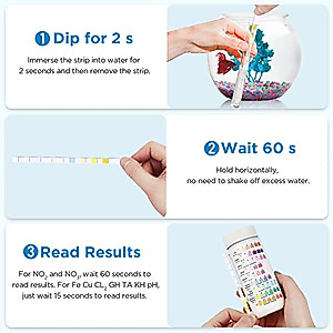 9 in 1 Aquarium Test Strips - 100 Strips Aquarium Water Test Kits for Freshwater Saltwater - Testing for Iron, Copper, Nitrite, Nitrate, pH, GH & KH, Chlorine, Total Alkalinity