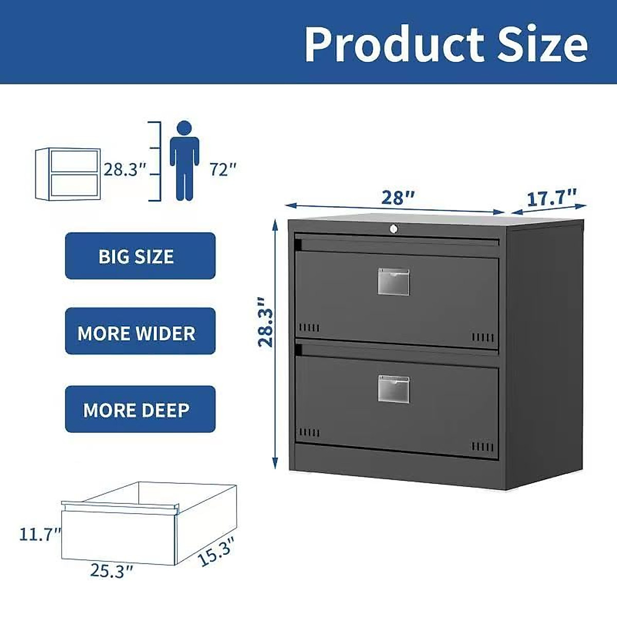 TOPKEY 2 Drawer Lateral File Cabinet with Lock, Metal Filing Storage Vertical Cabinets for Home Office Hanging Letter/Legal/F4/A4, Lockable Metal Horizontal File Cabinet with Card Slot(Black)