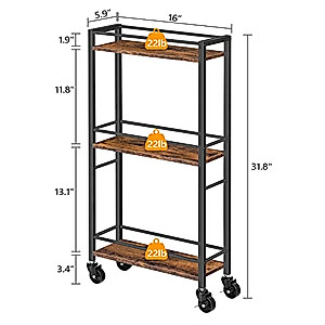 MAHANCRIS 3-Tier Slim Rolling Cart, Narrow Kitchen Cart on Wheels, Practical Storage Rolling Cart, Wooden Kitchen Storage Rack, for Tight Spaces in Dining Room, Bathroom, Rustic Brown RCHR1501Z