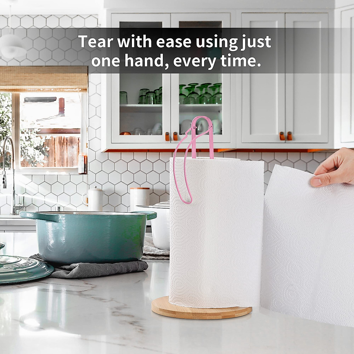 TONLEA Wood Paper Towel Holder with Fixer, Paper Towel Holder Countertop, Kitchen Towel Holder Free-Standing with Fixed or Non-Slip Wooden Base-Pink