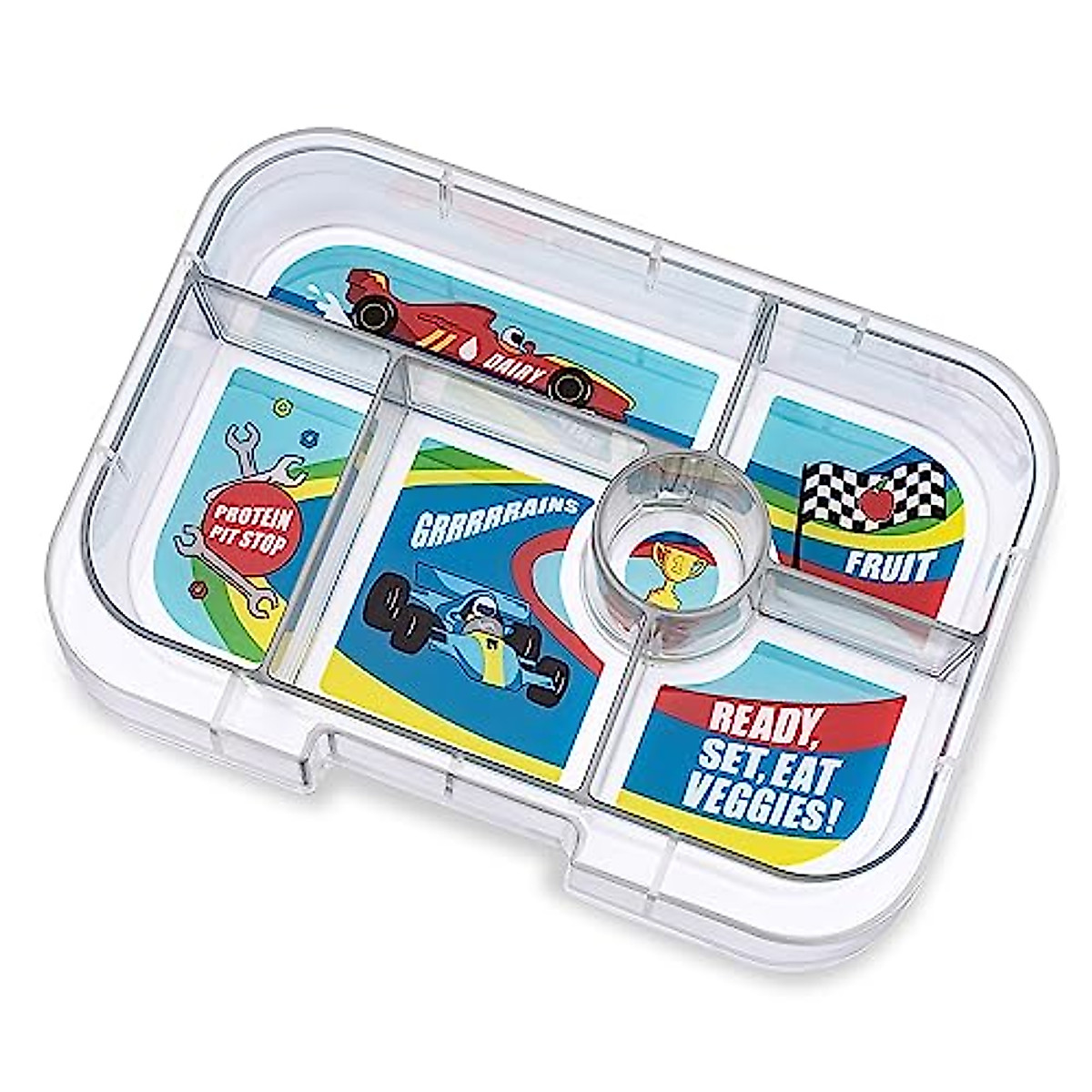 Yumbox® Original Leakproof Bento Lunch box for Kids, 5 Compartments + Dip Well, Easy-Open Latch, Just Right Portions, Removable Illustrated Tray (Roar Red - Race Cars), Ages 3-7