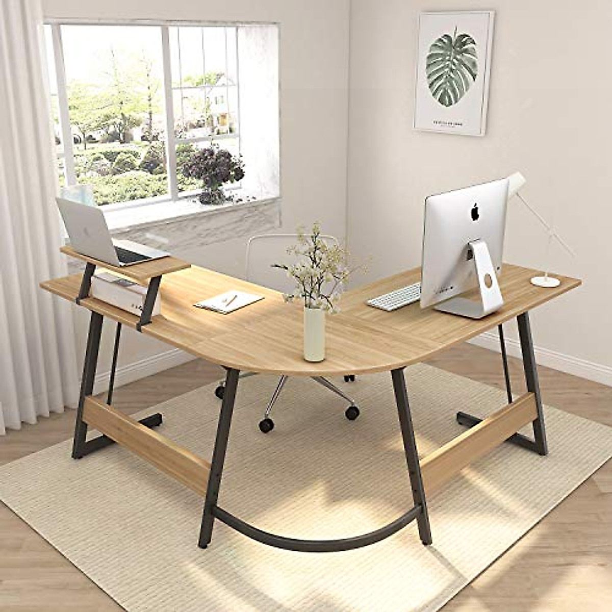 Cubiker Modern L-Shaped Desk Computer Corner Desk, PC Laptop Writing Study Desk for Home Office Wood & Metal