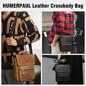 HUMERPAUL Genuine Leather Crossbody Sling Bag Messenger Man Purse Handbags for Mens Zipper Shoulder Bag for Work Business (Brown)