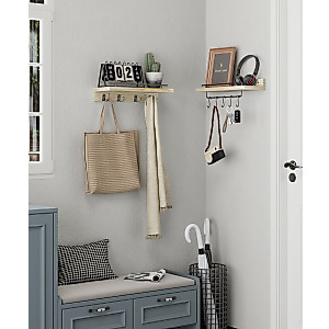 Wood Floating Shelves with Hooks, Wall Mounted Coat Rack with Shelf Set of 2, Bathroom Wall Shelf with Removable Towel Bar, Hanging Shelves with 9 Hooks for Kitchen Entryway Coffee Bar, Maple Wood