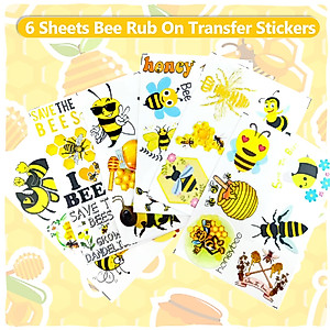 6 Sheets Bee Rub On Transfers for Crafts, 5.5 x 4 Inch Rub On Transfers Stickers, Bee Rub-On Transfers Decals for DIY Wood Paper Water Bottle (Bee)