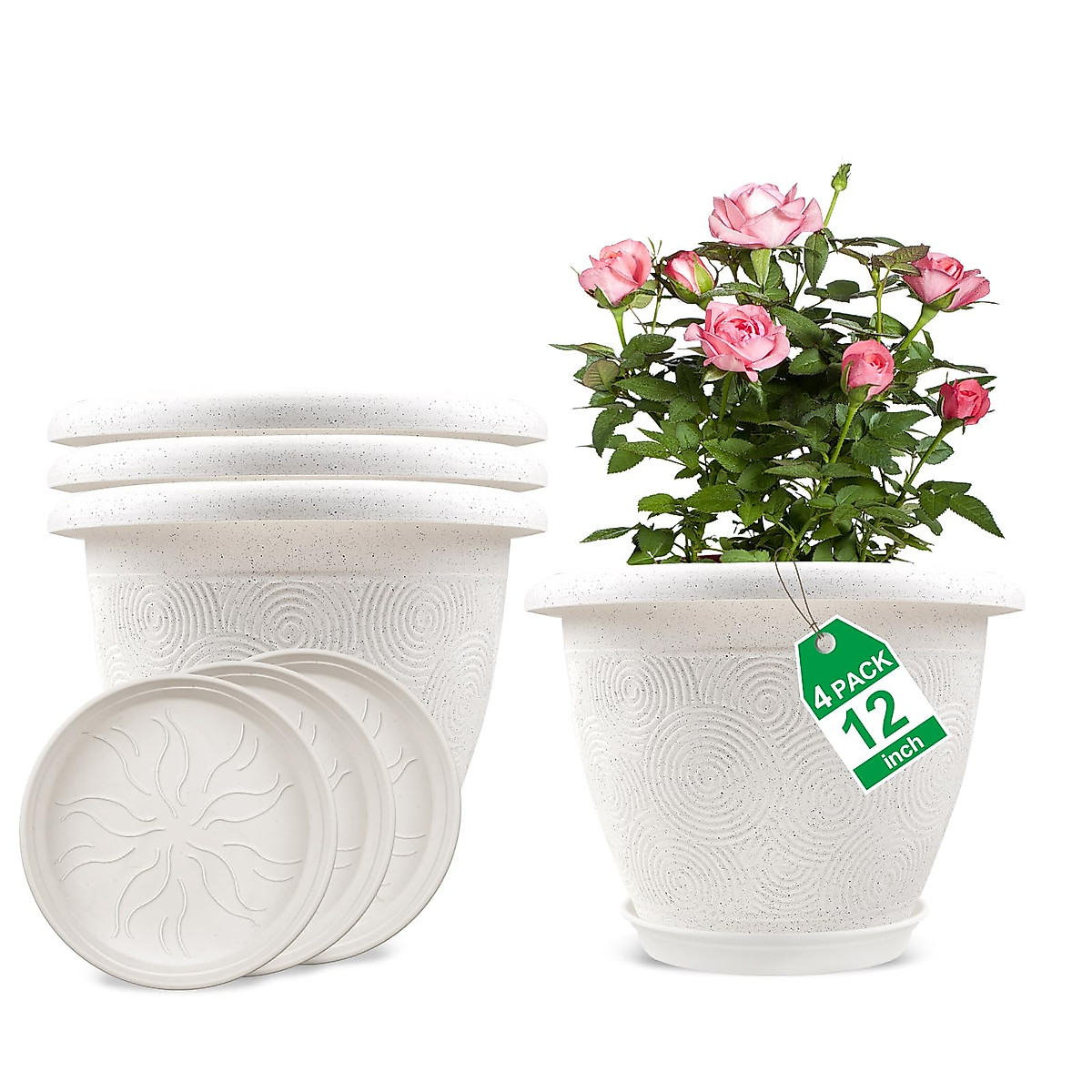 Plastic Flower Pots Planters for Indoor Plants, 4 Pack 12 Inch White Plant Pots with Drainage Hole & Tray, Modern Decorative Large Plant Pot with Saucer for Indoor Outdoor Plants Garden House Planter