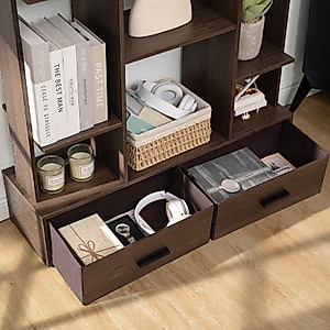 WEENFON Unique Bookcase with 1 Large Drawer, Tree-Shaped Bookshelf with 12 Storage Shelves, Open Standing Ladder Shelf, Bookshelf for Bedroom, Living Room, Office, Dark Brown