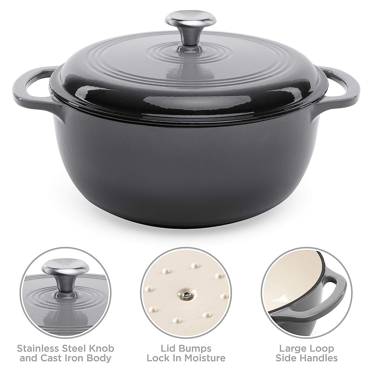 Best Choice Products 6 Quart Enamel Cast-Iron Round Dutch Oven, Family Style Heavy-Duty Pre-Seasoned Cookware for Home, Kitchen, Dining Room, Oven Safe w/Lid, Dual Handles - Gray