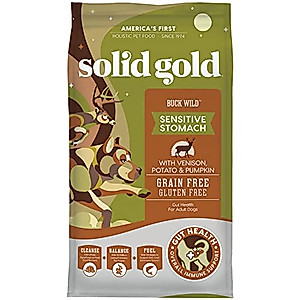 Solid Gold Grain Free Dry Dog Food for Adult & Senior Dogs - Made with Real Venison, Potato, and Pumpkin - Buck Wild Sensitive Stomach Dog Food for Protein Sensitivities and Gut Health
