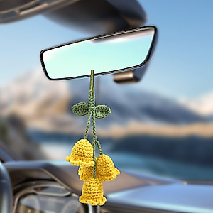Kewucn Car Mirror Hanging Accessories, Bellflower Hand Knitted Auto Pendant, Vehicle Rear View Mirror Hanging Ornament Decoration, Suitable for Car, Handbag, Backpacks, Keychain (Yellow)