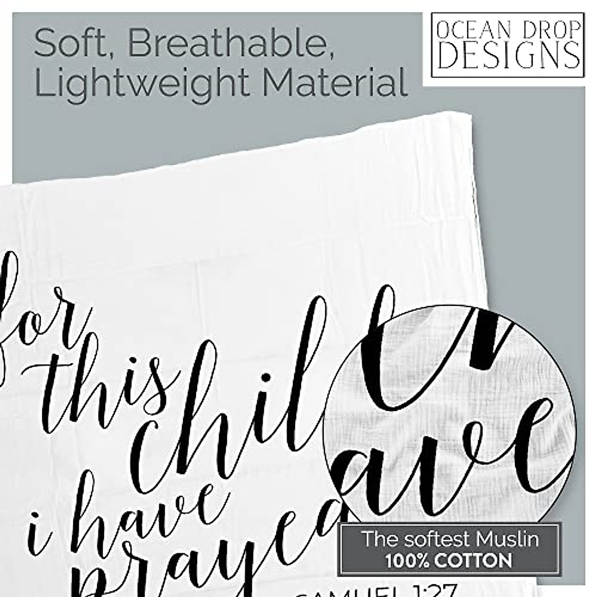 Ocean Drop 100% Cotton Muslin Swaddle Baby Blanket – ‘I Have Prayed’ Quote with Gift Box for Baptism, Christening Gift, Godson, Goddaughter, Baby Shower – Super Soft, Breathable, Large 47x47”