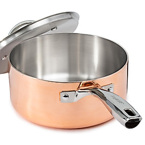 BergHOFF Vintage Tri-Ply Copper 8in Saucepan 3qt. With Matching Lid, Polished, Long Ergonomic Shaped Handle, 3-layer Base, Gold