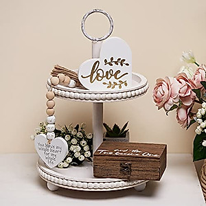 GenMous & Co. Rustic Wood Beaded 2 Tiered Tray Stand For Farmhouse Kitchen Table Decor, Rustic White Two Tiered Serving Tray For Food Fruits Cupcakes Display Coffee Bar Home Party Seasonal Decorations