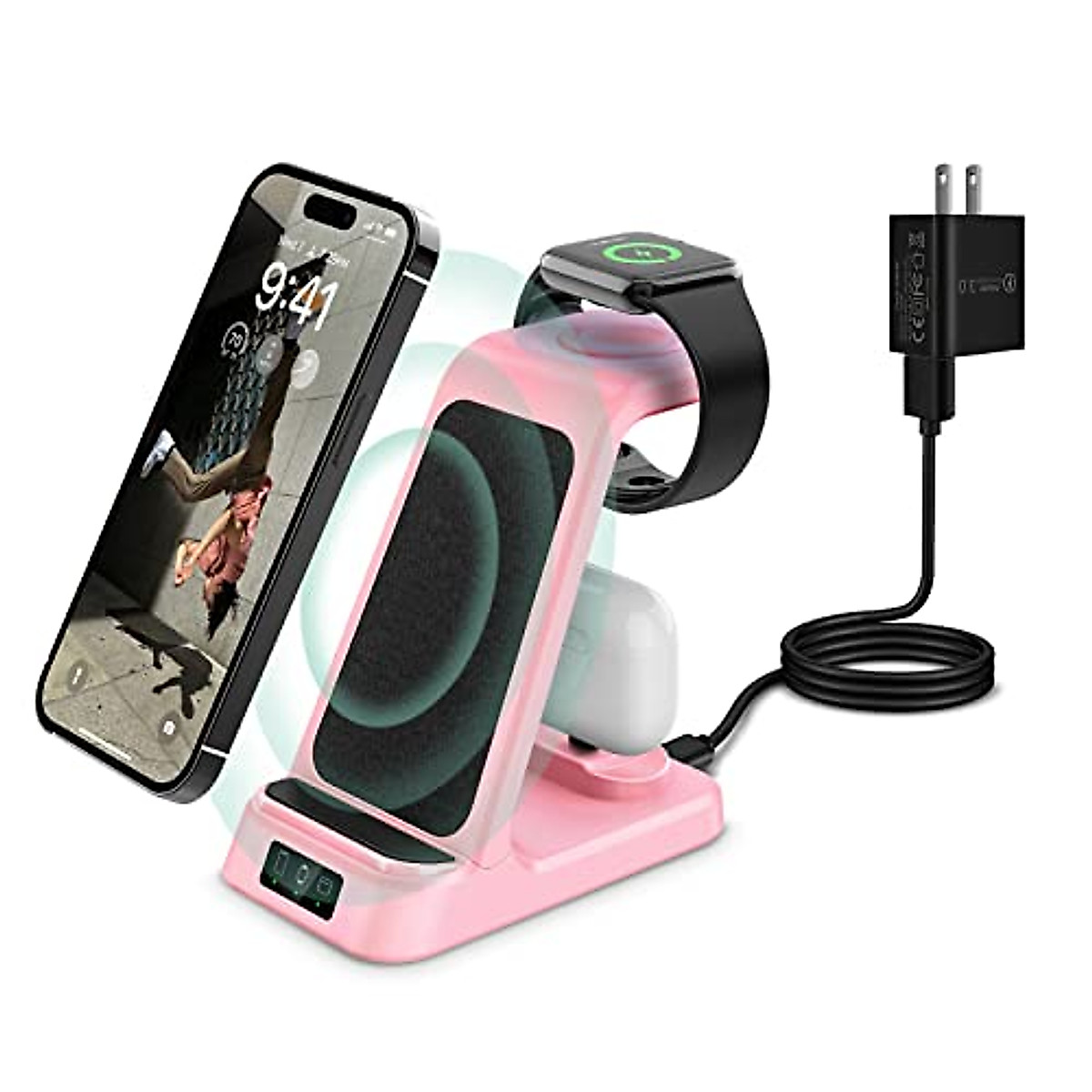 DDUAN Wireless Charging Station, 3 in 1 Fast Charging Stand, Wireless Charger for Apple Watch 8/7/6/5/4/3 & iPhone15/14/13/12/11/Pro/Max/X/XS/Max/XR/8, Air-pods/Pro(QC3.0 Adapter Included)-Pink