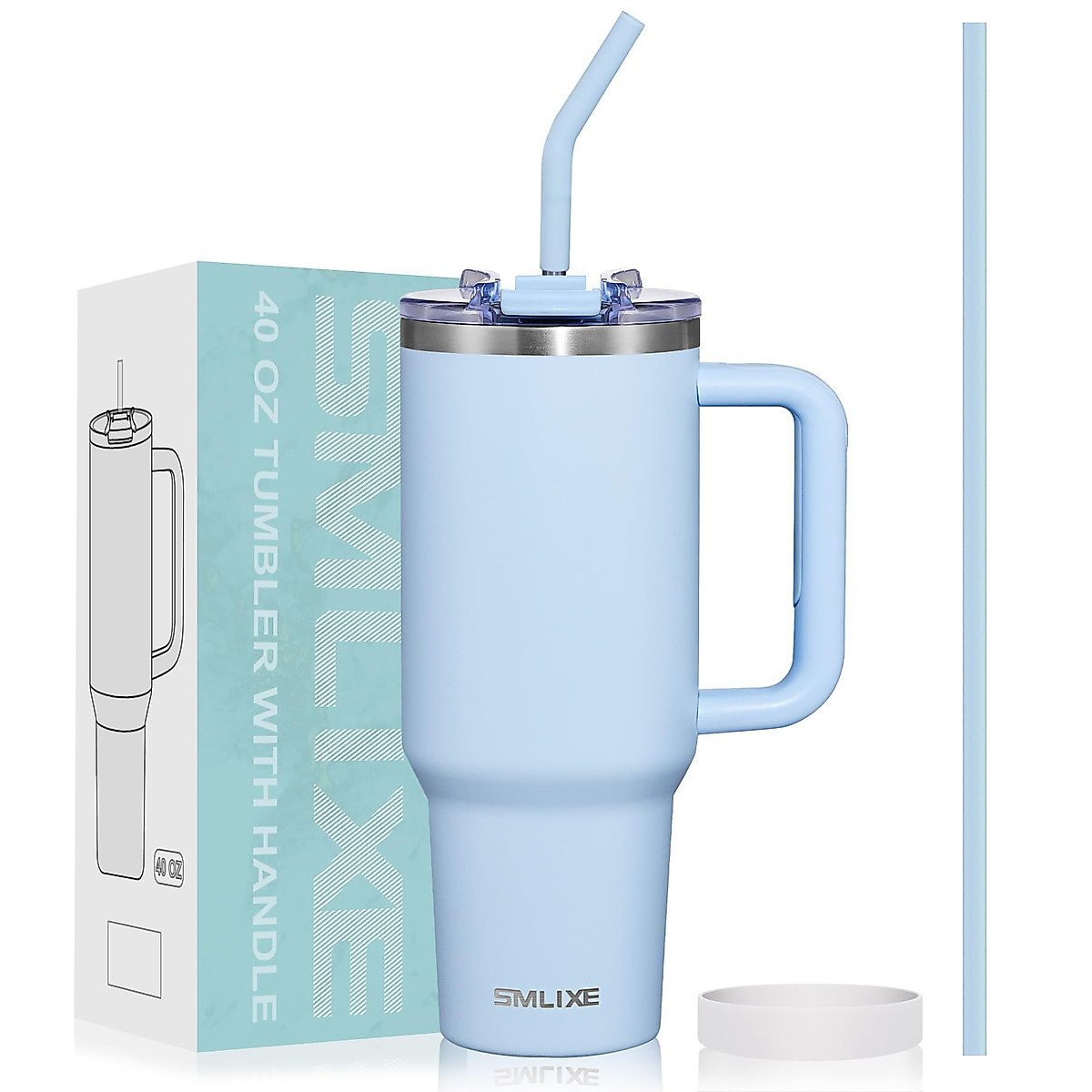 SMLIXE 40 oz Tumbler with Handle and Straw Lid,Insulated Reusable Stainless Steel Water Bottle Travel Mug，Cupholder Friendly Double Wall Vacuum Sealed Cup (Sky Blue)