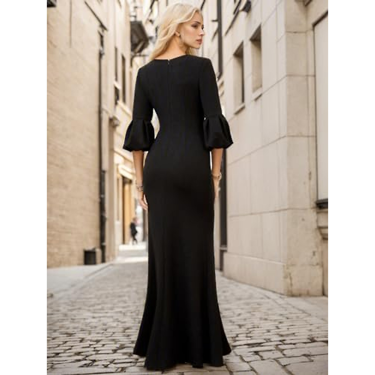 Ever-Pretty Women's Long Lantern Sleeves Mermaid Casual Maxi Formal Dress Black US4