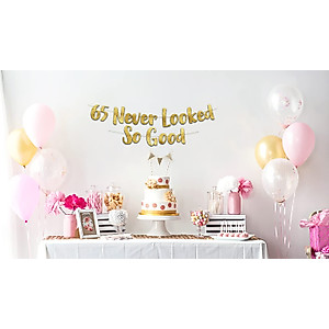 65 Never Looked So Good Gold Glitter Banner - 65th Anniversary and Birthday Party Decorations