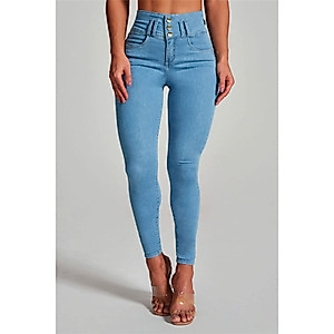 Butt Lifting Jeans for Women 3 Buttons High Waist Slimming Skinny Jean Classic Stretch Slim Fit Denim Pants (Blue,Medium)