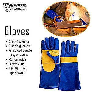 Leather Forge Welding Gloves Heat/Fire Resistant, Mitts16 inch long for Oven/Grill/Fireplace/Furnace/Stove/Pot Holder/Tig Welder/Mig/BBQ/Animal handling glove with Bonus: protection sleeves – Blue