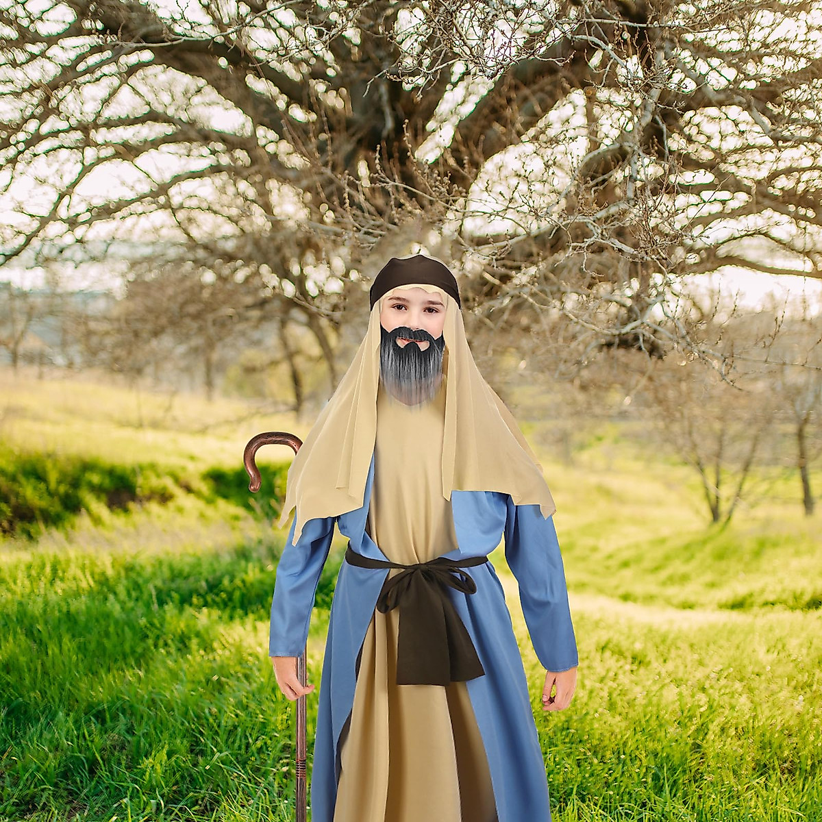 Patelai 6 Pcs Child Shepherd Costume Kids Child Costume with Robe Lining Scarf Sash Cane Beard for Halloween Cosplay(Medium)