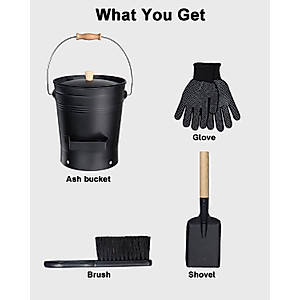 vensovo 2.5 Gallon Ash Bucket with Lid - Shovel, Broom, and Gloves, Heavy Duty Galvanized Iron, Fire-Resistant, Black Finish Perfect for Fireplaces, Fire Pits, Wood-Burning Stoves, and Grills