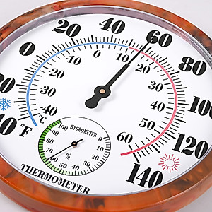 Indoor Outdoor Thermometer Hygrometer - 10Inch Outdoor Thermometers Large Number, 2 in 1 Thermometer Hygrometer, No Battery Needed Large Outdoor Thermometers for Patio (Brown)