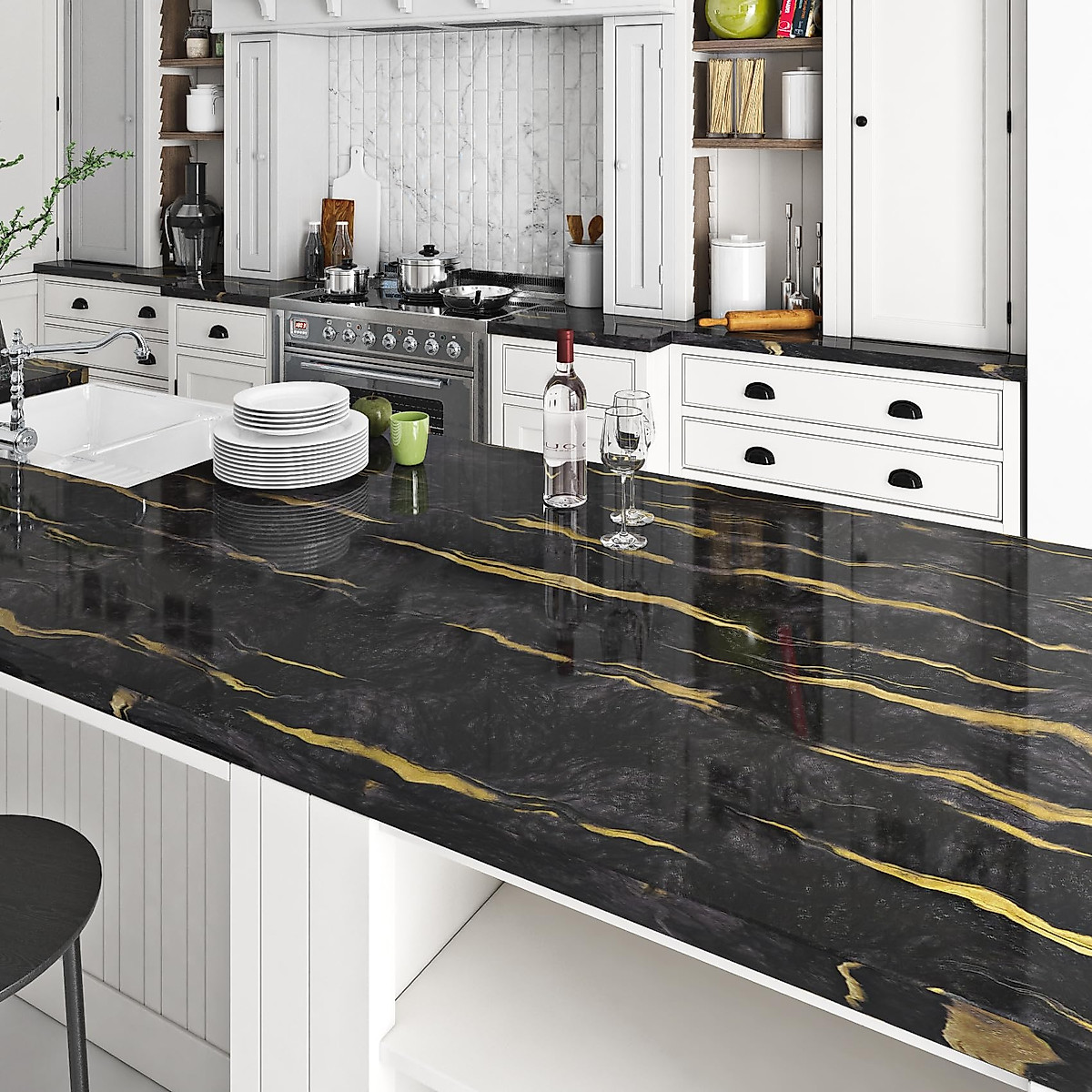 Livelynine Black and Gold Marble Contact Paper for Countertops Waterproof Marble Wallpaper Peel and Stick Bathroom Walls Renter Friendly Countertop Cover Kitchen Cabinet Contact Paper 15.8X78.8 Inch