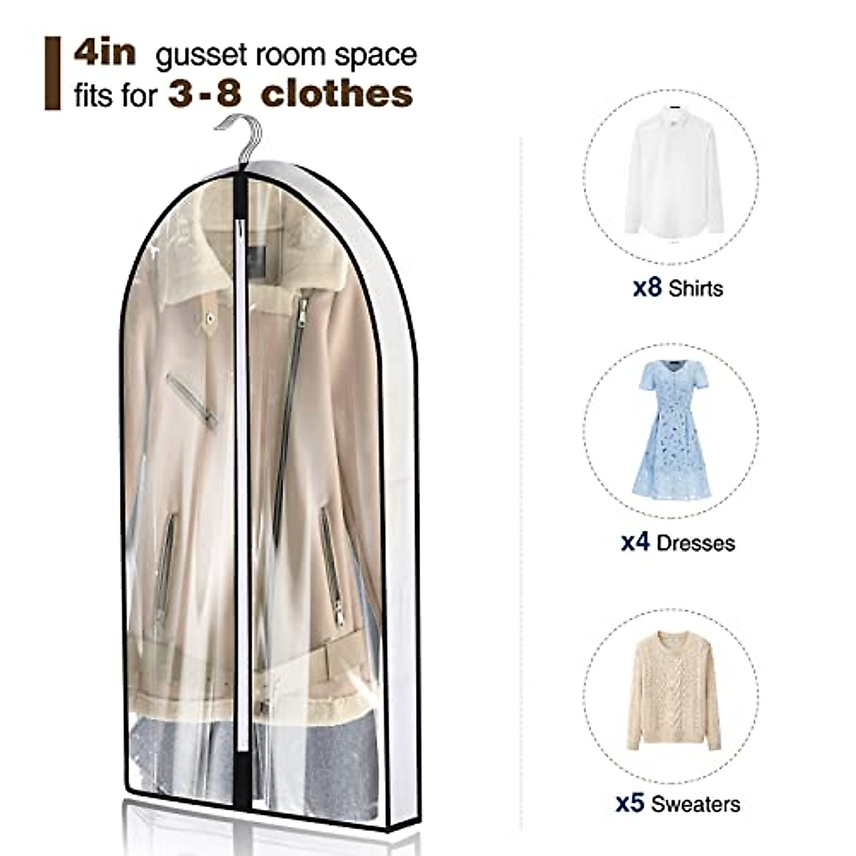 40" Garment Bags, 4" Gusseted Suit Cloth Bags for Hanging Clothes Closet Storage Travel for Coats Sweaters Shirts Suits Dress Costumes