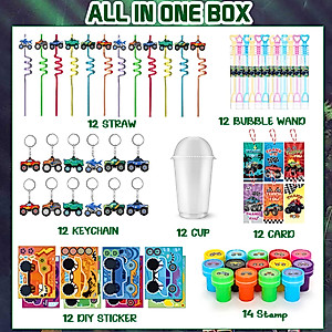 Truck Theme Party Favors Set -98pcs Birthday Party Supplies Kids Multi-Item Favor Packs Included Cups Stickers Thank You Cards DIY Car Stickers Ropes Bubble Wand and Stickers Stamps Keychains Straws