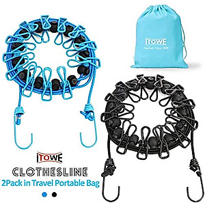 iTOWE 2Pack Portable Clothesline with 12 Pins Travel Clothesline Retractable Elastic Laundry Clothes Line with 12 Clothespin for Backyard Vacation Hotel Balcony Clothes Drying Line Camping Accessories