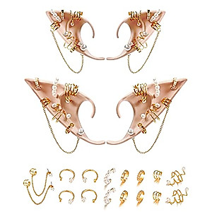Hikkcos 3Pcs Elf Ears with Piercings Earrings Cosplay Fairy Pixie Ears Halloween Fairy Ears Soft Pointed Elf Ears Pearls Earring with Chains for Fairy Dress Up Accessories