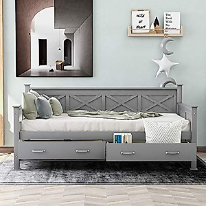Oudiec Twin Daybed with Storage Drawers,Solid Pinewood Bedframe with Guardrail for Boys/Girls/Teens/Kids Bedroom,No Box Spring Needed,Gray