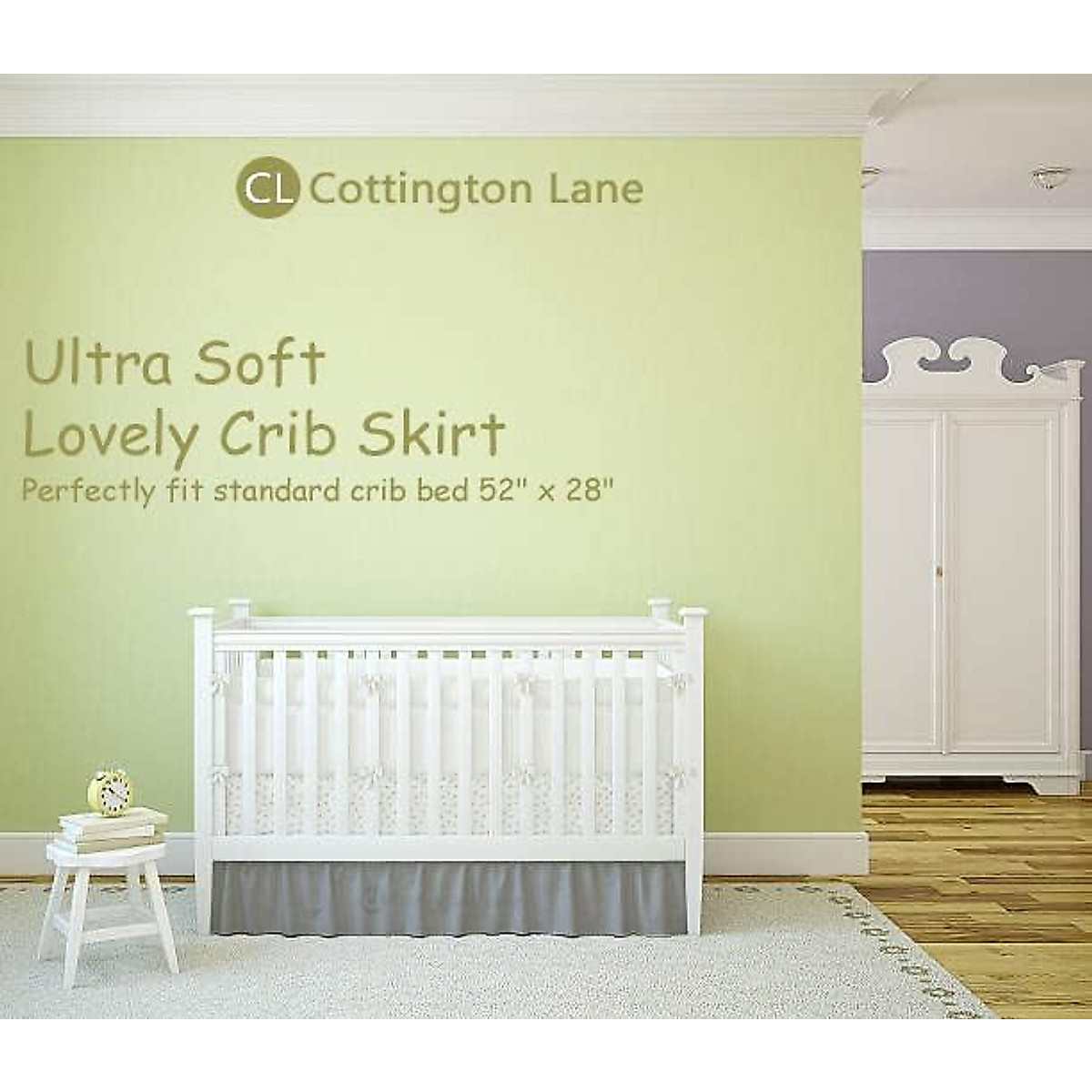 Ligth Grey Crib Skirt Dust Ruffle, 100% Natural Cotton-Nursery Crib-Toddler Bedding Skirt for Baby Girls or Boys, 14" Drop